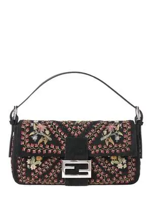 Fendi Baguette 26424 Embroidered Black Suede Bag - Multicolour
