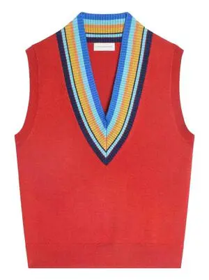 Dries Van Noten V-neck Wool Vest With Striped Collar - Red