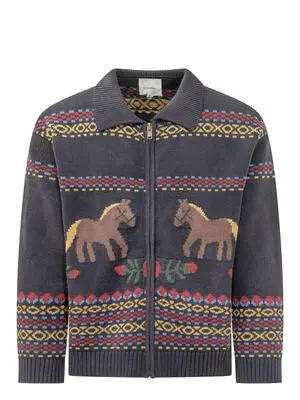 FOUND Isles Zip-up Fair Isle Knit Sweater With Horse Motif - Navy