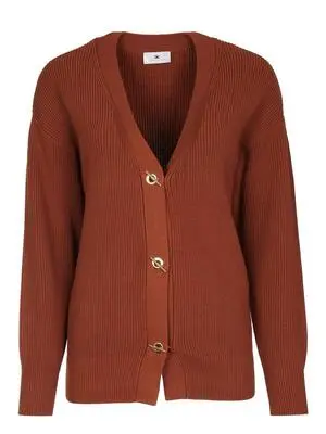 Elisabetta Franchi Ribbed Knit Button-detailed Cardigan - Sigaro