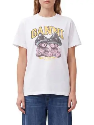 GANNI Ganni Teddy Bear & Logo Print Organic Cotton T-Shirt White