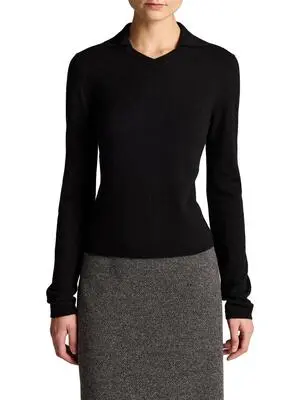 Vince VINCE Merino Wool & Cashmere-Blend High V-Neck Polo Sweater Black