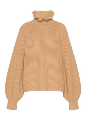 Max Mara MAX MARA Relaxed-Cut Wool And Cashmere Sweater With Ruffled High Neck Camel