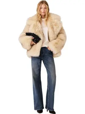 Maje Oversized Faux Fur Coat With Shawl Collar - Beige