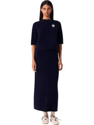 Maje Wool Sweater With Floral Brooch - Navy