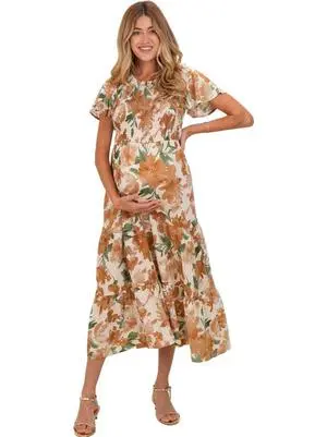 PINKBLUSH Floral Smocked Tiered Midi Dress - Mocha