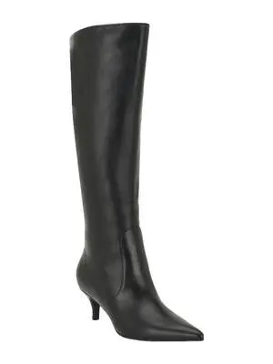 Tommy Hilfiger Knee High Faux Leather Zip Up Kitten Heel Boots - Black 002
