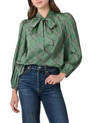Shoshanna Plaid Satin Charmeuse Tie Neck Blouse - Olive Multi