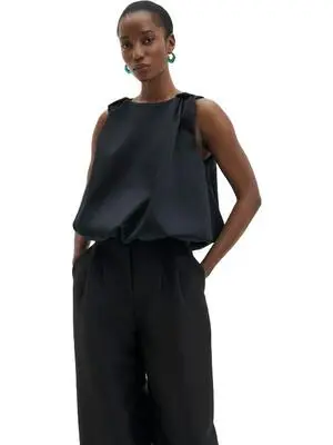 MALINA Valentina Knotted Shoulder Satin Top - Black