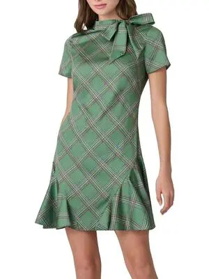 Shoshanna Plaid Satin Charmeuse A-line Dress With Bow Detail - Olive Multi