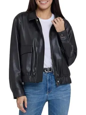 NYDJ Faux Leather Baseball Jacket With Spread Collar - Black
