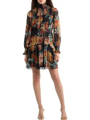 Julia Jordan Floral Long Sleeve High Neck Dress - Black Orange