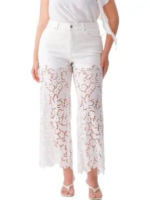BAYEAS Crystal Embellished Lace Wide Leg Jeans - Snowfeather