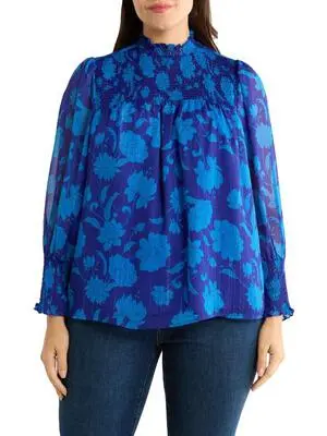 SUGARLIPS Sunnie Metallic Smocked Yoke Balloon Sleeve Top - Navy-multi