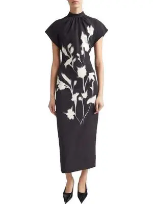 Lela Rose Stella Floral Crepe Midi Dress - Black