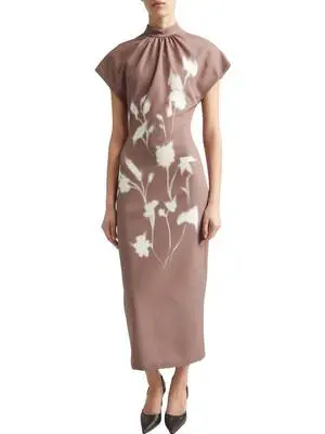 Lela Rose Stella Floral Crepe Midi Dress - Clay