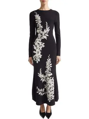 Lela Rose Velvet Jacquard Knit Trumpet Dress - Black
