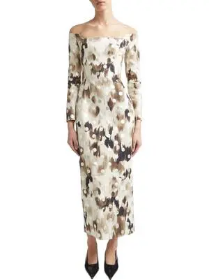 Lela Rose Off-the-shoulder Ikat Polka Dot Midi Dress - Cream Multi