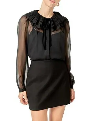 English Factory Pleated Ruff Collar Chiffon Blouse With Velvet Ribbon Tie - Black