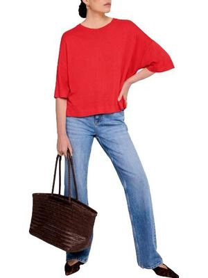 Mint Velvet Linen Blend Boxy Silhouette T-shirt - Red