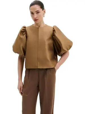 MALINA Cleo Puff Sleeve Satin Blouse - Camel