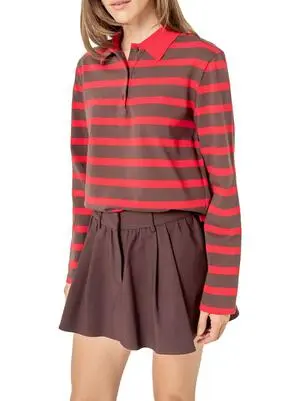 English Factory Striped Long Sleeve Polo Knit Top - Brown/red