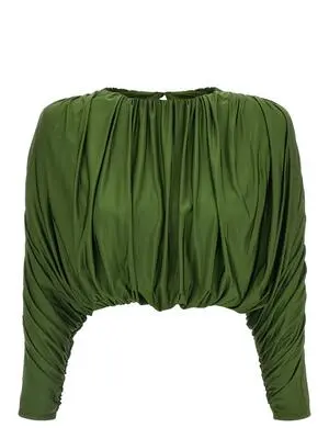 SELF-PORTRAIT Draped Crewneck Cropped Top - Green