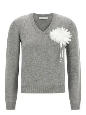 SELF-PORTRAIT V-neck Sweater With Floral Applique - Gray
