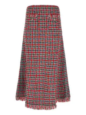 SELF-PORTRAIT SELF PORTRAIT Tweed Checkered A-Line Midi Skirt With Jewel Buttons