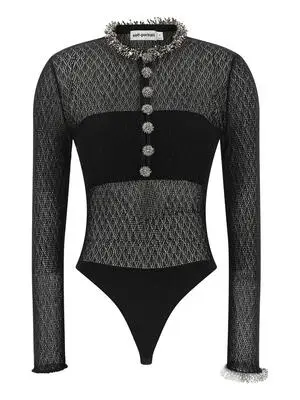 SELF-PORTRAIT SELF PORTRAIT Openwork Knitted Bodysuit With Crystal Embellishments