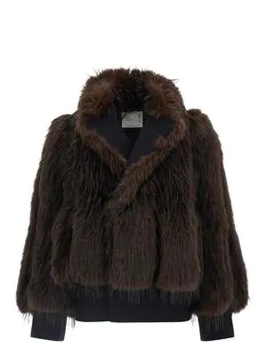 Sacai Cropped Jacket With Melton Wool Accents And Gold Anchor Buttons - Brown