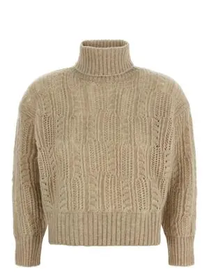 Agnona Openwork Cashmere And Silk Blend Turtleneck Sweater - Beige