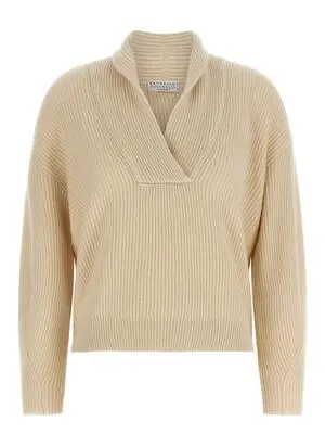 Brunello Cucinelli BRUNELLO CUCINELLI Ribbed Shawl Collar Cashmere Sweater Beige