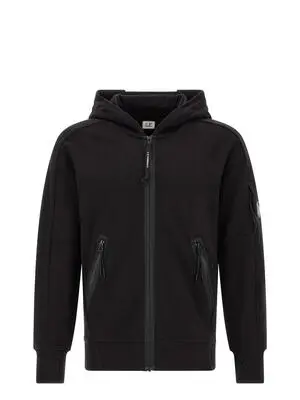 C.P. COMPANY Diagonal Raised Fleece Zip-up Hoodie With Lens Detail - Black