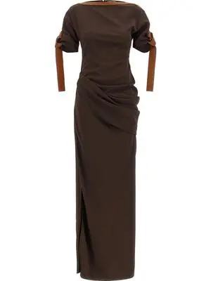 FERRAGAMO Asymmetrical Draped Dress With Leather Accents - Brown