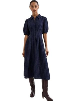 PHASE EIGHT Yasmine Textured Puff Sleeve Midi Dress - Navy