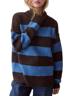 Marine Layer Maggie Striped Cotton-blend Rollneck Sweater - Chocolate And Coronet