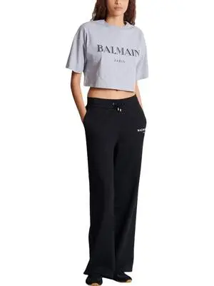 Balmain Boxy Cropped T-shirt With Logo Print - Grey