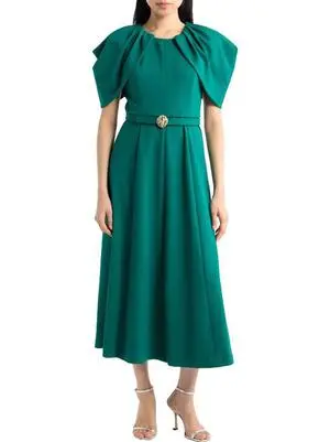 Anne Klein Midi Dress With Capelet And Lion Head Buckle Belt - Deep Jade