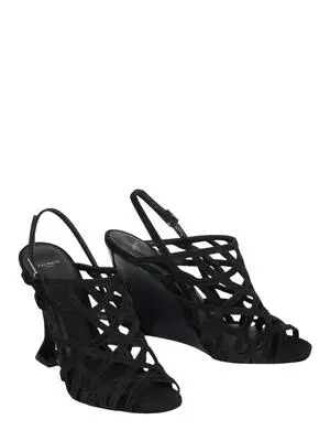 Balmain Suede Wedge Cage Sandals With Gold-tone Buckle - Black