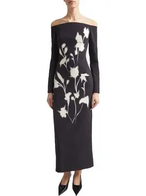 Lela Rose Floral Crepe Off-the-shoulder Column Gown - Black