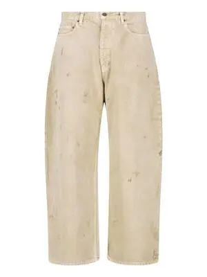 Balenciaga Wide Leg Distressed Cotton Jeans - Beige