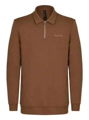 DAVID WEJ Enzo Cotton Zip Polo - Brown