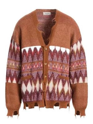LANEUS Geometric Print Distressed Knit Cardigan - Brown
