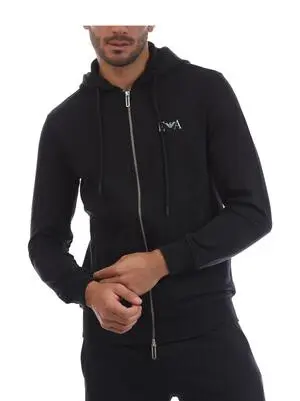 Emporio Armani Full Zip Hoodie With Embroidered Logo - Black