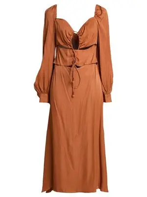Farm Rio Long Sleeve V-neck Satin Midi Dress - Camel
