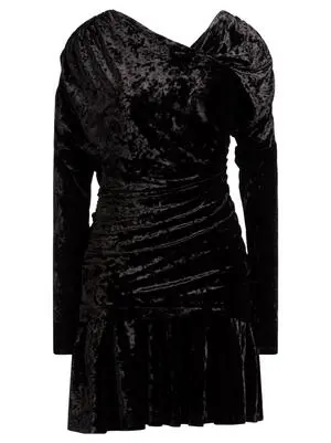 GANNI Velvet Ruched V-neck Long Sleeve Dress - Black