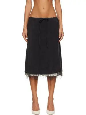 Studio Nicholson Midi Skirt With Drawstring Waist And Lace Hem - Black