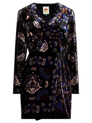 Farm Rio Floral Print Velvet Dress - Black