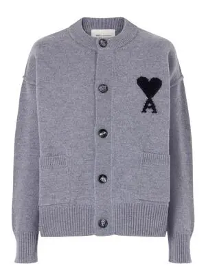 AMI Paris Intarsia Wool Cardigan - Gray